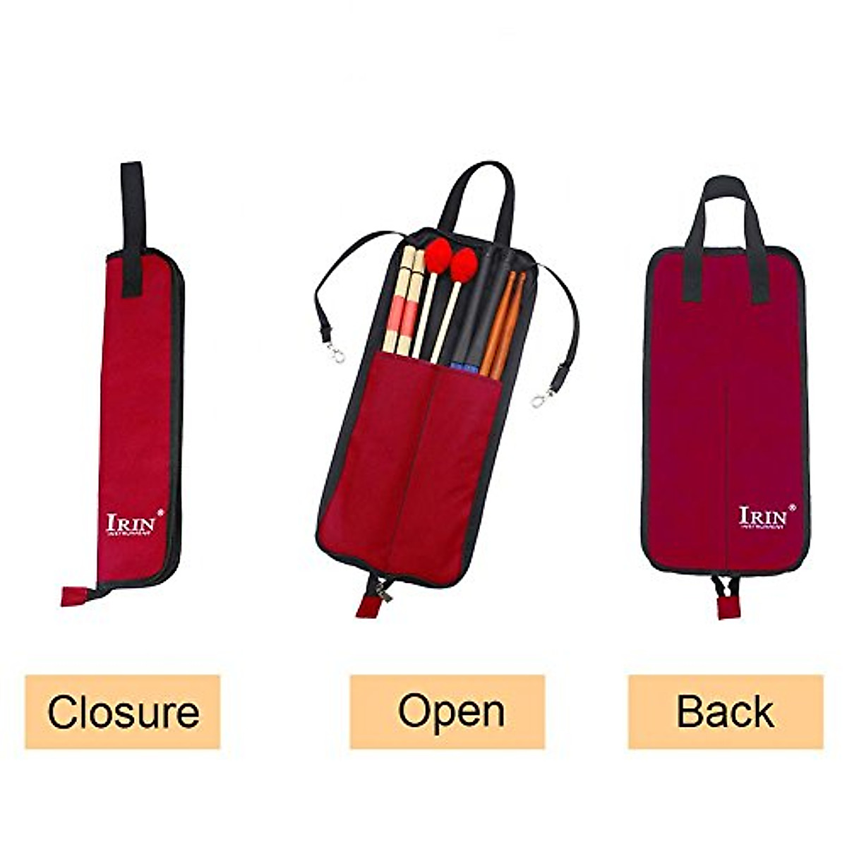 Tbest Drum Stick Bags Sacoche Baguette,Drum Sticks Bag Holder,IRIN Drum Stick Storage Hanging Bag Drumstick Portable Handbag with Handle 5 Colors Available(Black/Red/Green/Blue/)(Red)