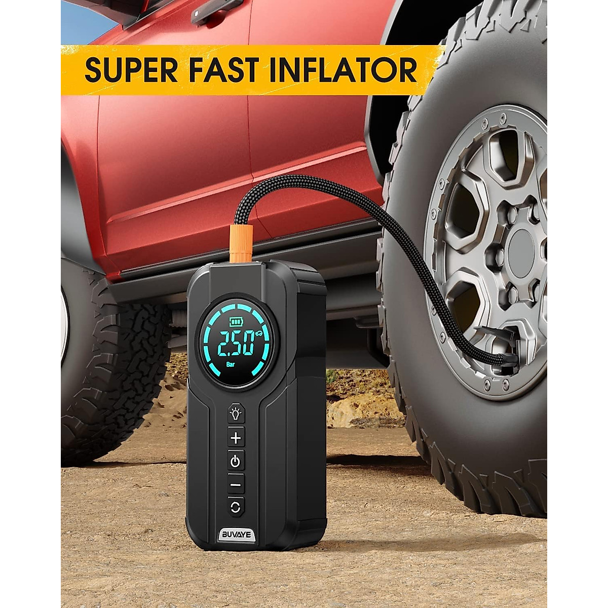 BUVAYE Portable Car Jump Starter with Air Compressor, 2000A Battery Jump Starter with 150PSI Digital Tire Inflator, Up to 7L Gas & 5L Diesel Engines, 12V Safe Lithium Car Battery Charger Jump Starter