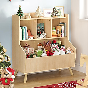 Curipeer Kids Bookshelf and Toy Storage, 3-Tier Wooden Bookcase, Baby Book and Toy Storage Display Organizer with Spacious Top Shelf for Children, Family, Natural Wood Color(Large Size)