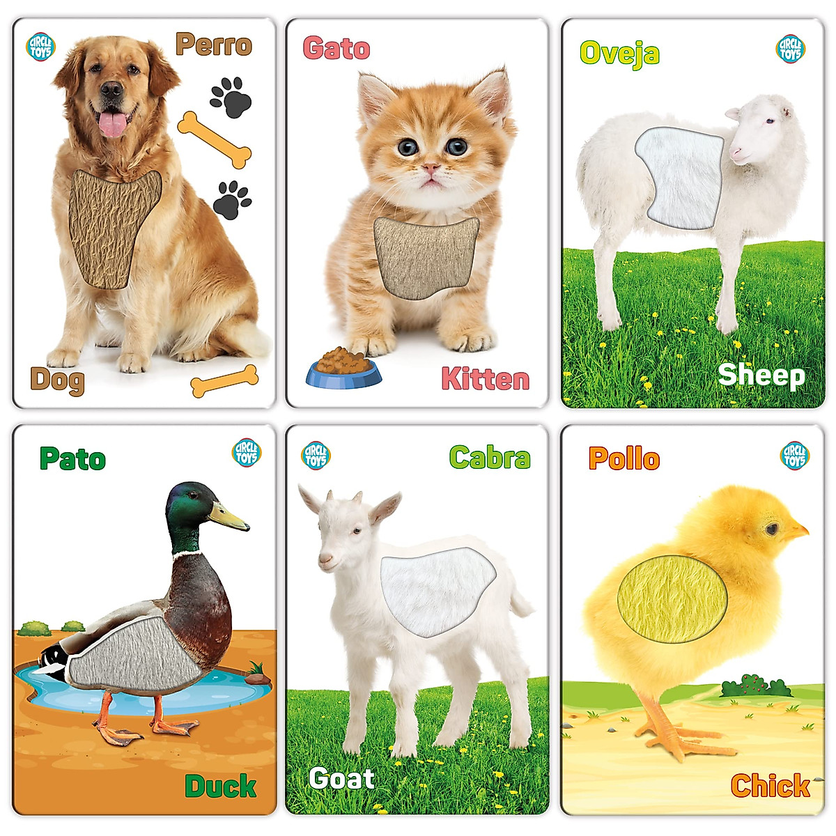 My Touch and Feel English Spanish Bilingual Picture Double Sided Sensory Flash Cards for Infant, Toddlers, Kids, Learn Animals, Fruits, Objects and Vehicles, Fun Learning and Educational Flashcards
