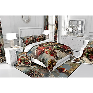 Retro Train Kids Duvet Cover Set Full Size,Snowflake Merry Christmas Santa Claus Bedding Set,Girls Boys Women Room Decor,Choochoo Steam Locomotive Country Quilt Cover,2 Pillowcases(No Comforter)