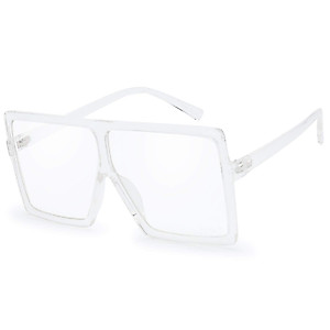 The Fresh Large Oversized Fashion Square Flat Top Sunglasses with Gift Box (4-Shiny Crystal, Clear/AR Coating)
