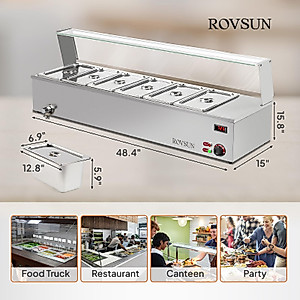 ROVSUN 48QT Electric Commercial Food Warmer, 6-Pan Steam Table 8QT/Pan Stainless Steel Bain Marie Countertop w/Acrylic Shield Temperature Control & Lid for Buffet Party Catering Restaurant 1500W 110V