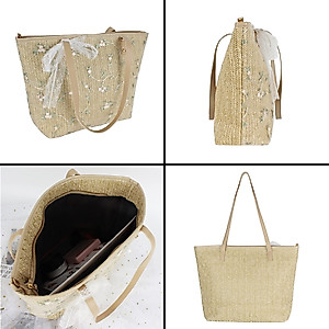 Goclothod Women Flower Embroidered Straw Handbag Lace Woven Large Shoulder Bag Summer Beach Purse