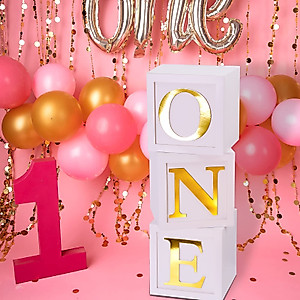 First Birthday Decorations for Girl Boy - 3pcs Stereoscopic Balloon Boxes with ONE Letters for Baby 1st Birthday Party Supplies, Baby Cube Blocks for ABC Photography Props Table Centerpiece