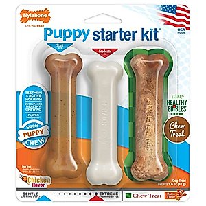 Nylabone Puppy Chew Toy & Treat Starter Pack - Puppy Chew Toys for Teething - Long Lasting Puppy Chew Treat - Puppy Supplies - Chicken & Bacon Flavor, Small (3 Count)