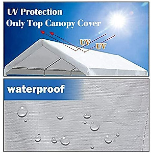 10'x20' Carport Replacement Top Canopy Cover for Car Garage Shelter Tent Party Tent with Ball Bungees White (Only Top Cover, Frame is not Included)