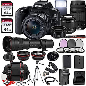 Canon EOS Rebel 250D DSLR Camera w/18-55mm F/3.5-5.6 Zoom + 75-300mm F/4-5.6 III+ EF 50mm f/1.8 STM Lenses + 420-800mm f/8.3 HD Lens +2X 64GB Memory + Hood + Case + Filters +Tripod +More (35pc Bundle)