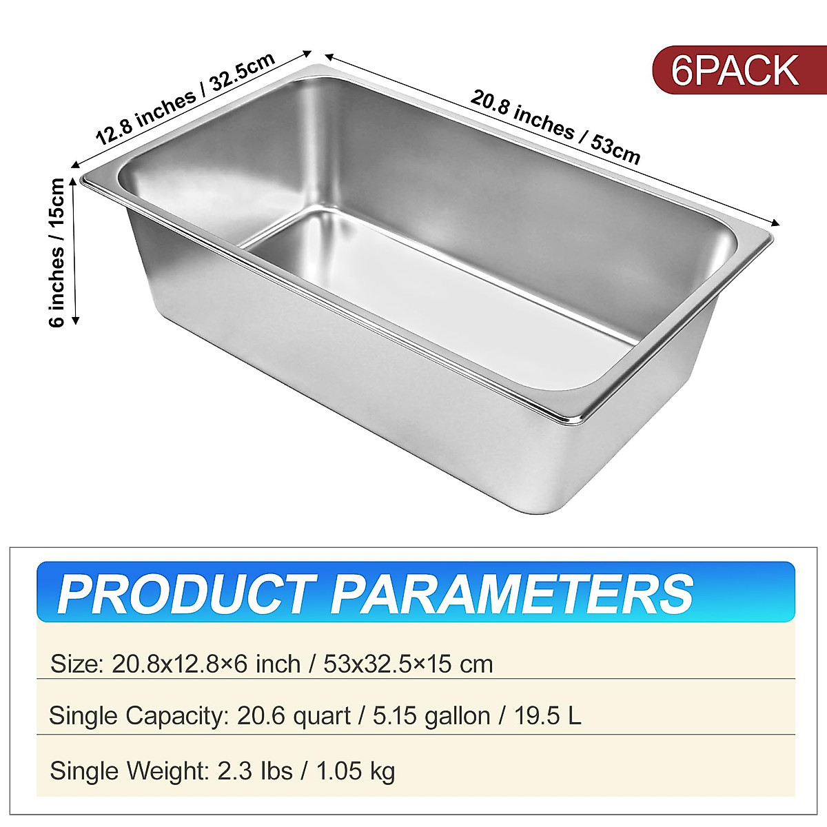Carivia 6 Pack Full Size Steam Table Pans,Stainless Steel Hotel Pan,1/1 6 Inch Deep Anti Jam Commercial Table Pan,20.8" L x 13" W Catering Pans Food Pans for Hotels, Restaurants and Home Use