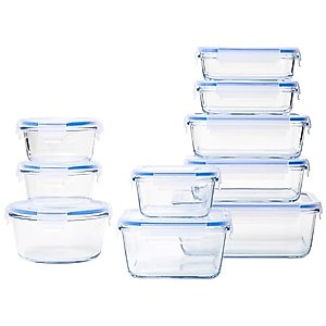 Amazon Basics 20-Piece Glass Food Storage Containers, 10 Count of Bases and Plastic Lids, Transparent, Blue