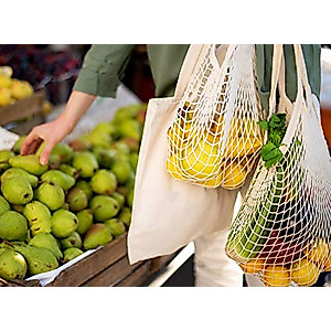 WHITEWRAP Cotton Mesh String Reusable Bag Long Handle Net Tote Bag| 13"x14" | 2-Pack | Natural | Reusable Grocery Bags, Vegetable Bag, Shopping bag, Hand bag