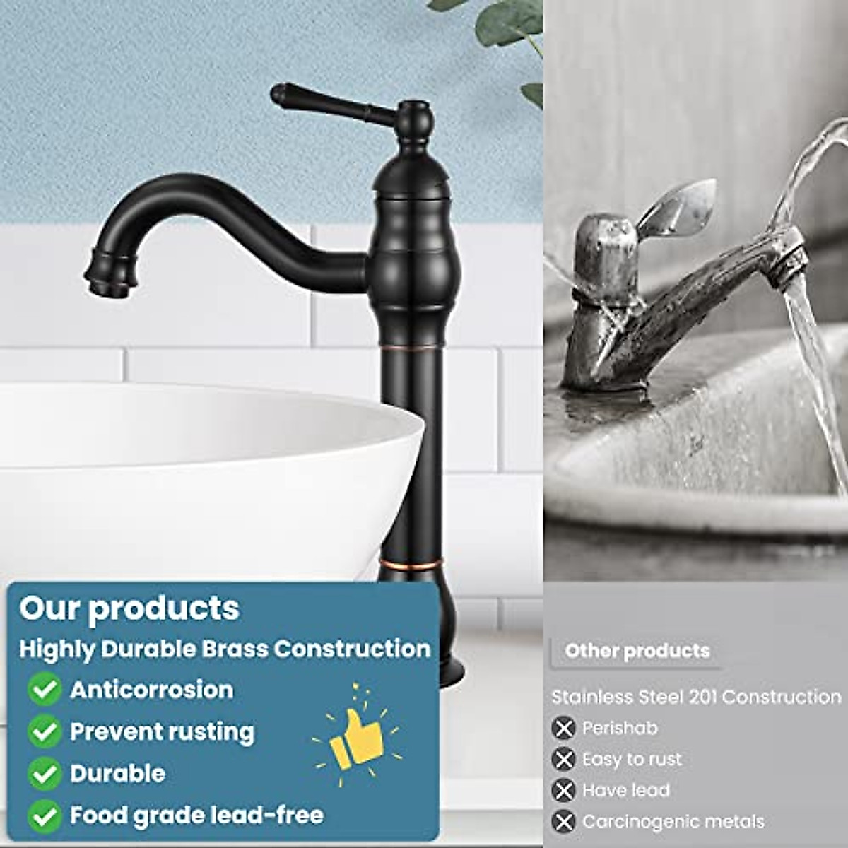 gotonovo Bathroom Vessel Sink Faucet Oil Rubbed Bronze with POP UP Drain Single Lever Handle 1 Hole Bowl Sink Mixer Tap Deck Mount Tall Spout Lavatory Vanity