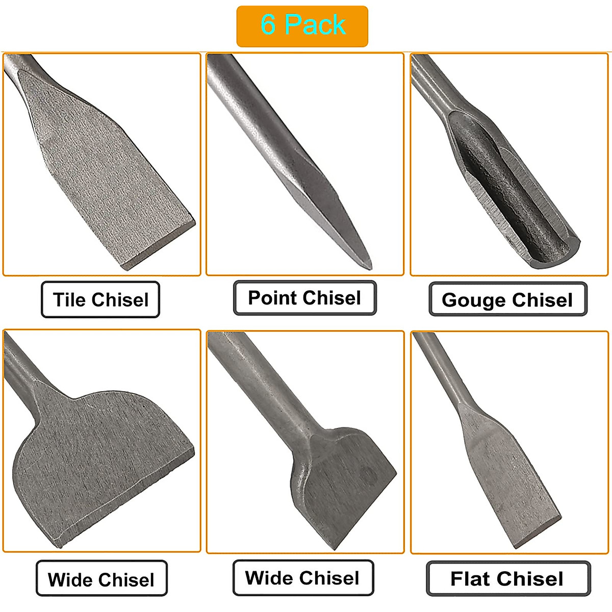 SDS Plus Hammer Drill Chisel Set, Rotary Hammer Bits Set Including Tile chisel, Grooving Chisel, Scrapping Chisel, Flat Chisel, Point Chisel, Scaling Chisel for Tile Masonry Concrete Brick Stone Work