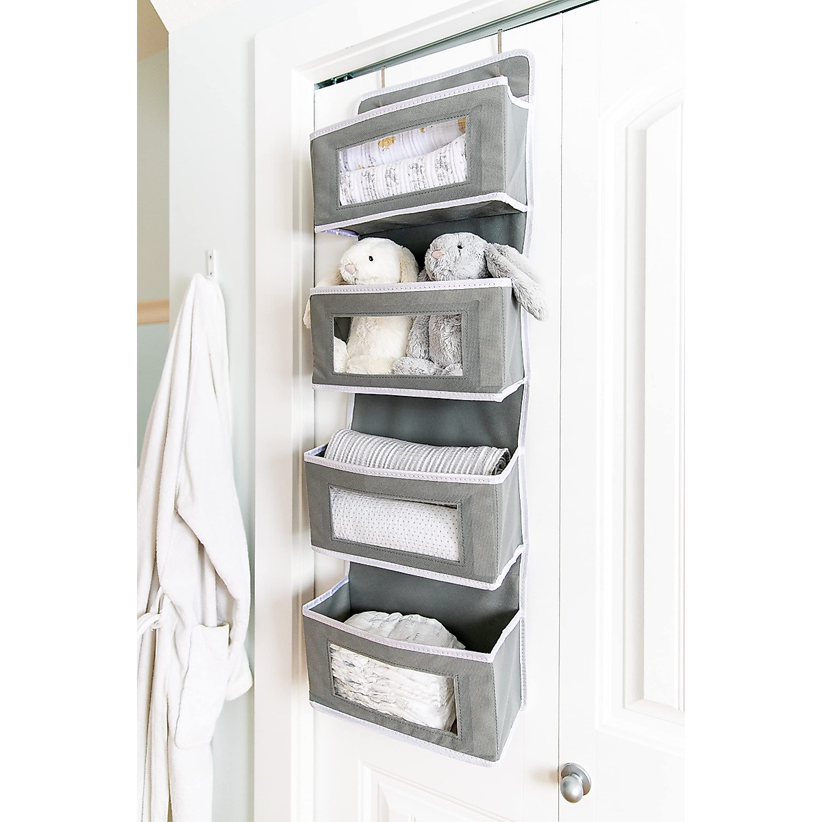 Cradle Essentials Over Door Hanging Organizer | Storage Caddy for Newborn and Baby Items, Stuffed Animals | Large Pockets with Clear Windows for Nursery, Mudroom, Bathroom, Laundry, Pantry, Closet