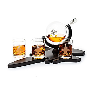 Fighter Jet Wine & Whiskey Decanter Set F16, F15, F18, F22 with 3 Glasses by The Wine Savant - Bourbon, Scotch, Vodka, Pilot, Aviation Gifts, Airplane Figurine, Military Veteran Gifts, Airplane Gifts