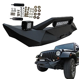 SCITOO Rront Bumper and Rear Bumper w/Tire Carrier Textured Black fit for 2007-2018 for Jeep Wrangler JK Rock Crawler Bumper w/Winch Plate with D-ring & LED Strip Light and LED Lights