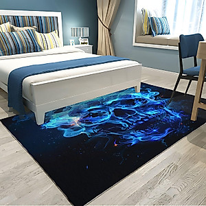 Generic Machine Washable Area Rug Non-Shedding & Easy Care Horror Theme, Skull, Blue Flames Rugs for Living Room, Dining, Kitchen, Office, Entryway, Bedroom, Hardwood Floor Decor 3ft x 5ft