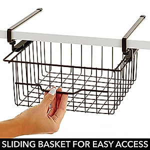 mDesign Compact Hanging Pullout Drawer Basket - Sliding Under Shelf Storage Organizer - Metal Wire - Attaches to Shelving - Easy Install - for Kitchen, Pantry, Cabinet - Bronze