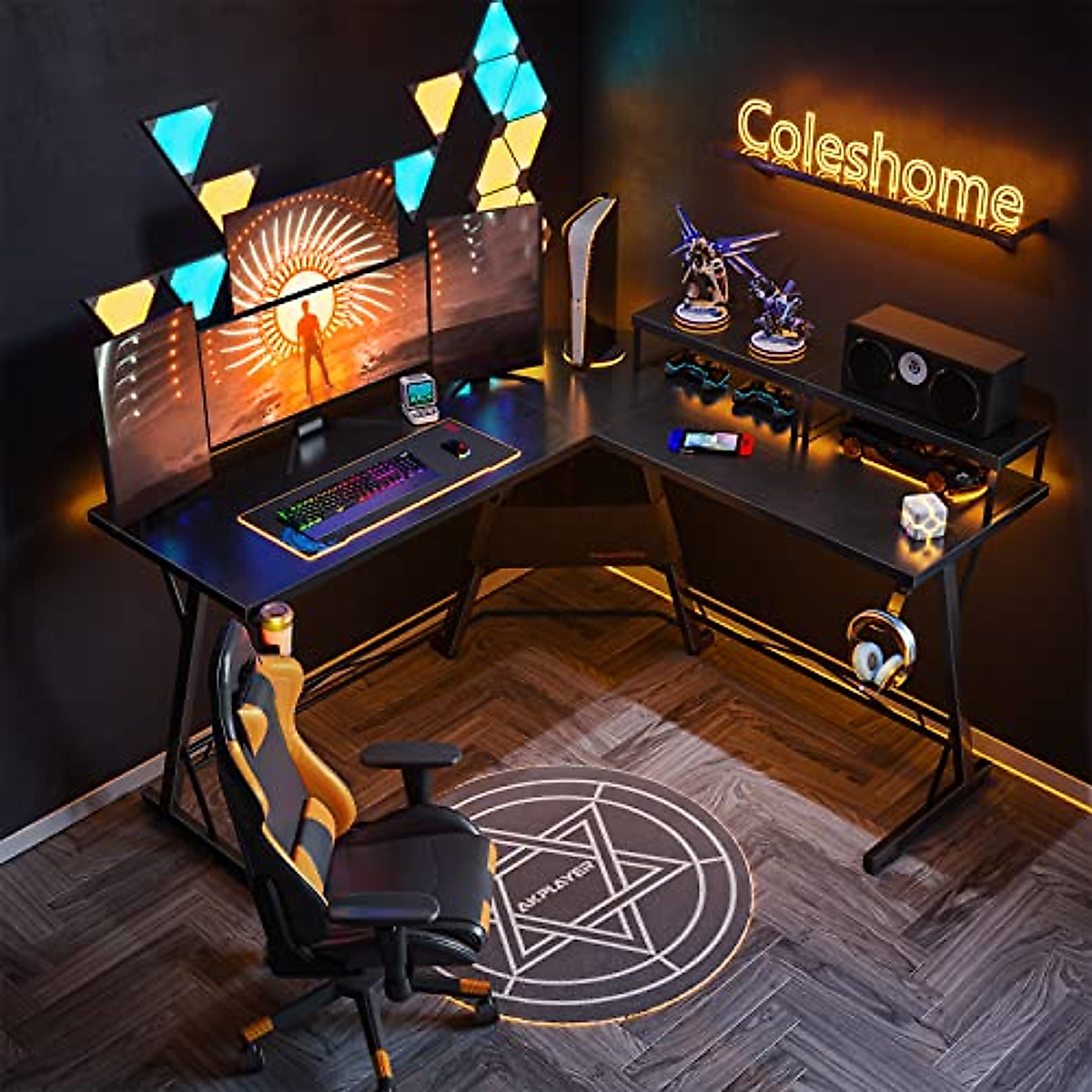 Coleshome L Shaped Gaming Desk, 51'' Computer Corner Desk with 2 Monitor Stands, Home Office Desk with Hook and Cup Holder, Space Saving, Easy Assembly