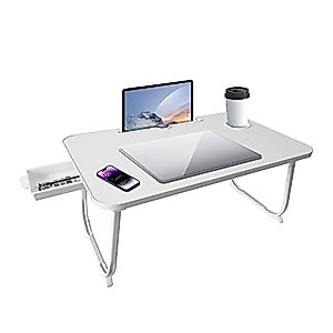 Desk Bed Table Folding Lap Table for Bed Desk with Cup Holder Study Table for Bed Tables for Eating and Laptops Perfect for Home Office Bedroom,White