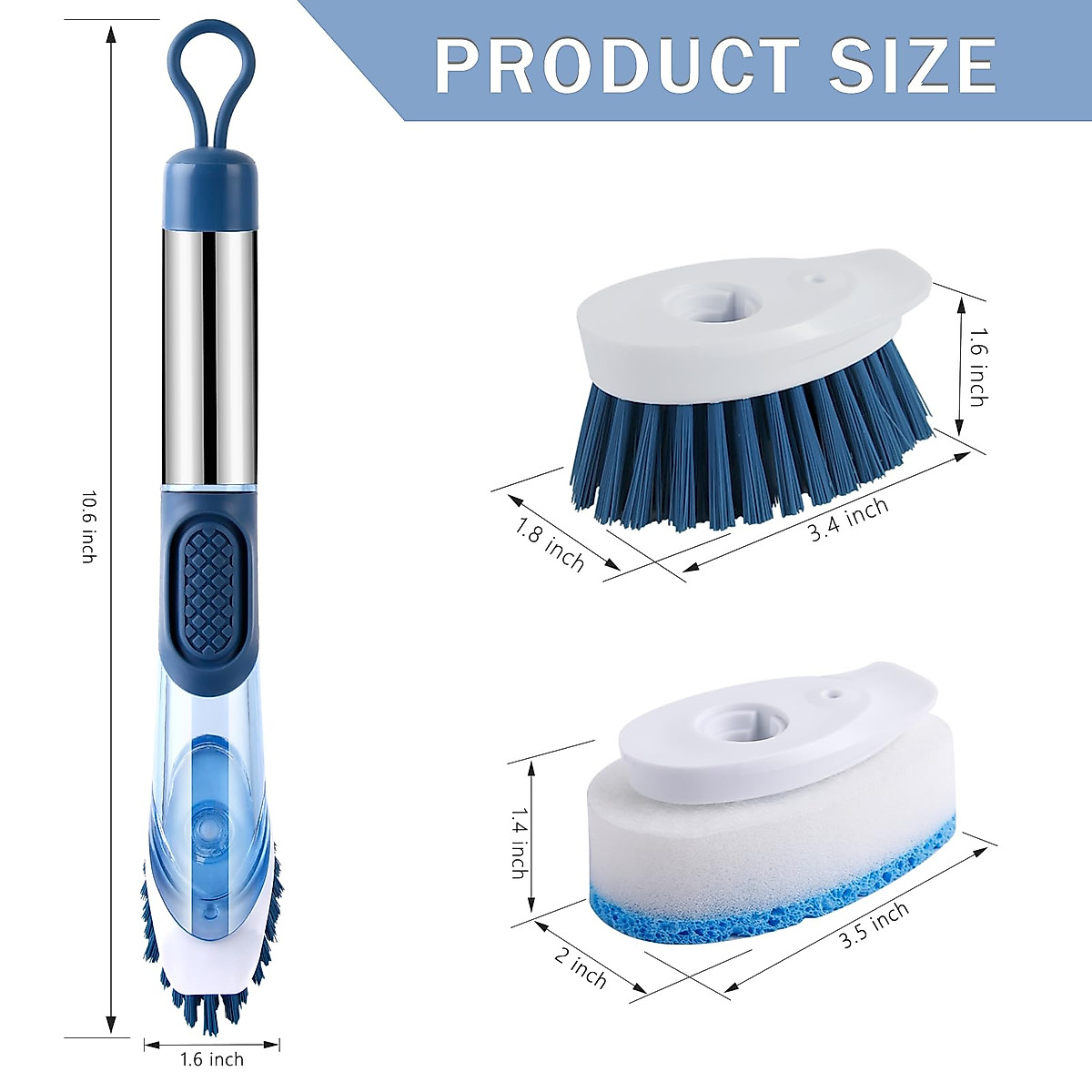 NileHome Dish Brush with Soap Dispenser Dish Scrubber with 4 Replaceable Heads Kitchen Dish Scrub Brush with Stainless Steel Handle Dish Cleaning Brush Dish Wand for Dishes, Pots…