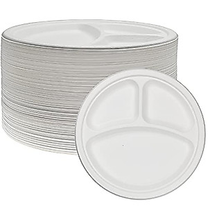 NYHI Heavy Duty Compartment Plates | 10 Inch Disposable 3 Compartment Divided Plates For Adults & Kids | White Eco Friendly Sugarcane Paper Plates Are Cut & Leak Resistant | 125 Pack (3 Compartment)