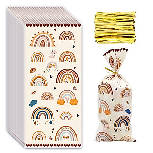 100Pcs Boho Rainbow Party Decorations Cellophane Bags Groovy Goodie Bags Treat Bags Baby Shower Candy Gift Bags Hippie Party Favors with 100 Pcs Gold Twist Ties for Birthday Wedding Themed Party