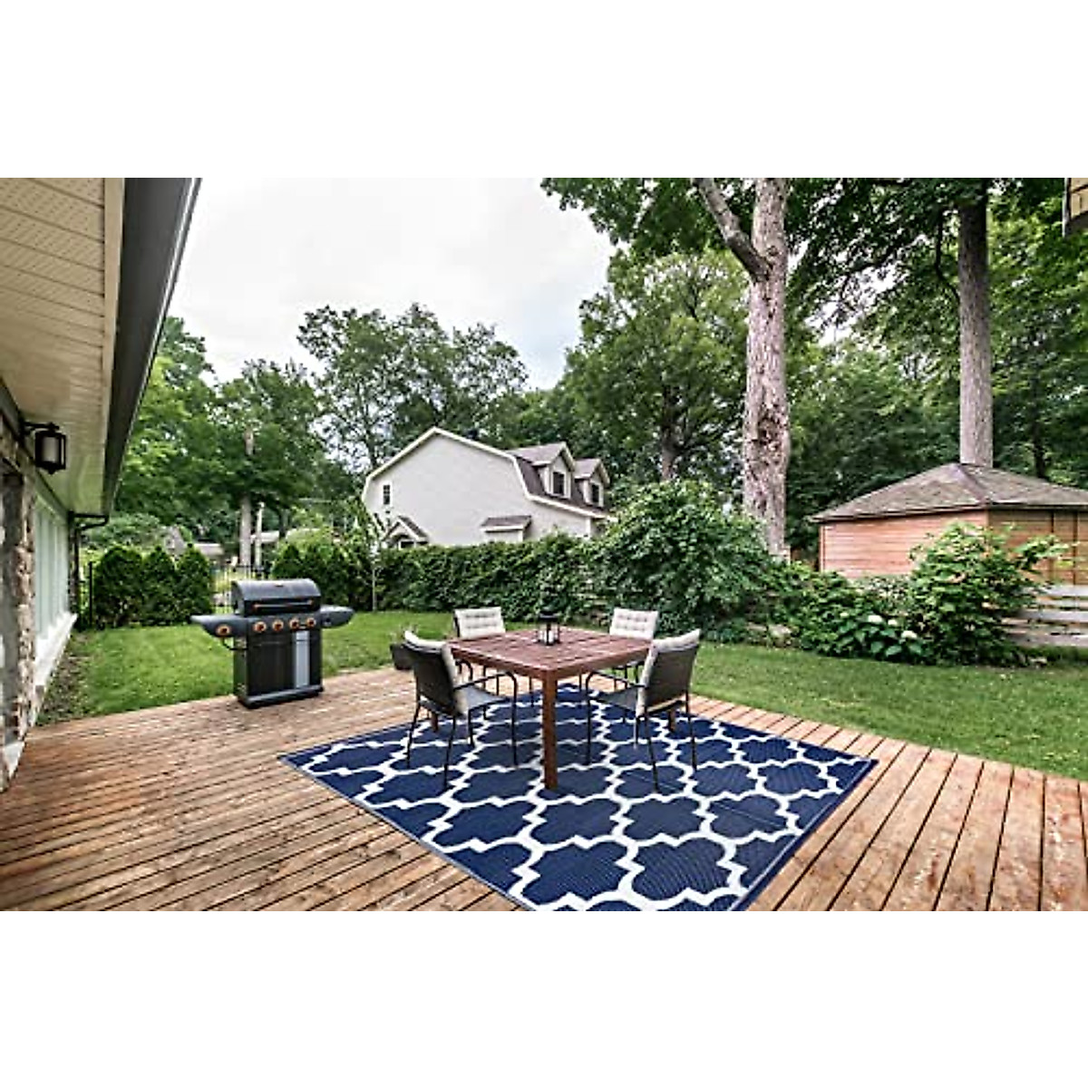 Beverly Rug Trellis Outdoor Rugs 10x13 Waterproof Reversible Plastic Straw Rug Outdoor Carpet, Outside Mat for Patio, Camping, Picnic, Porch, Deck, RV, Beach, Pool, Blue and White