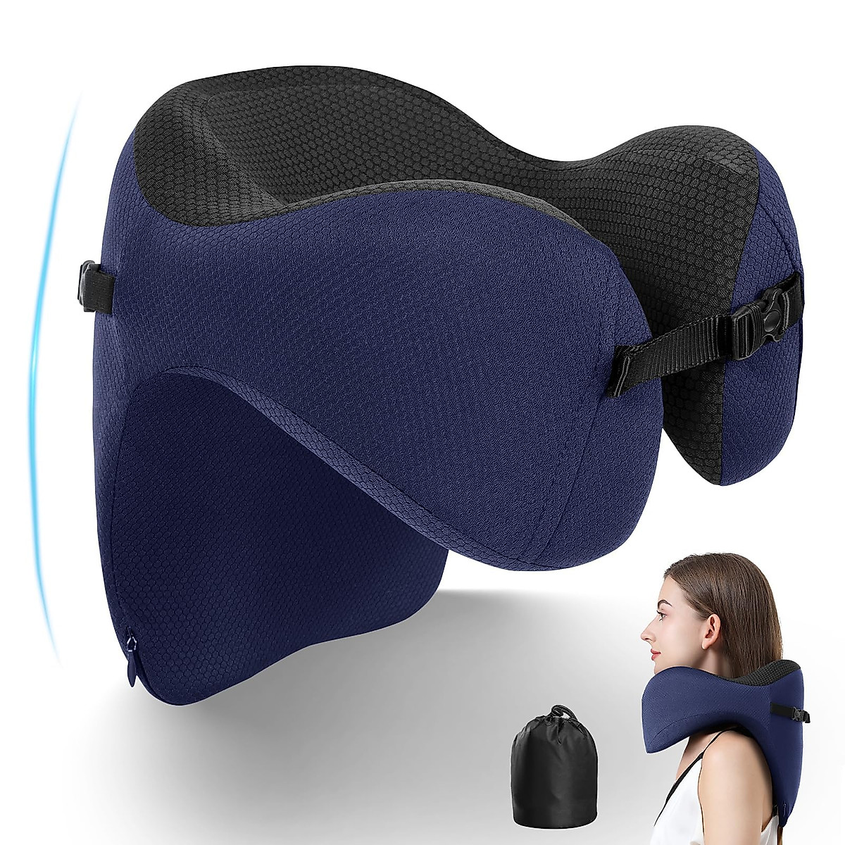 TripGood Neck Pillow for Travel - Extra Upper Back Support - Back Buckle Strap - Large(16.7" Neck Circumference) - Memory Foam - Blue