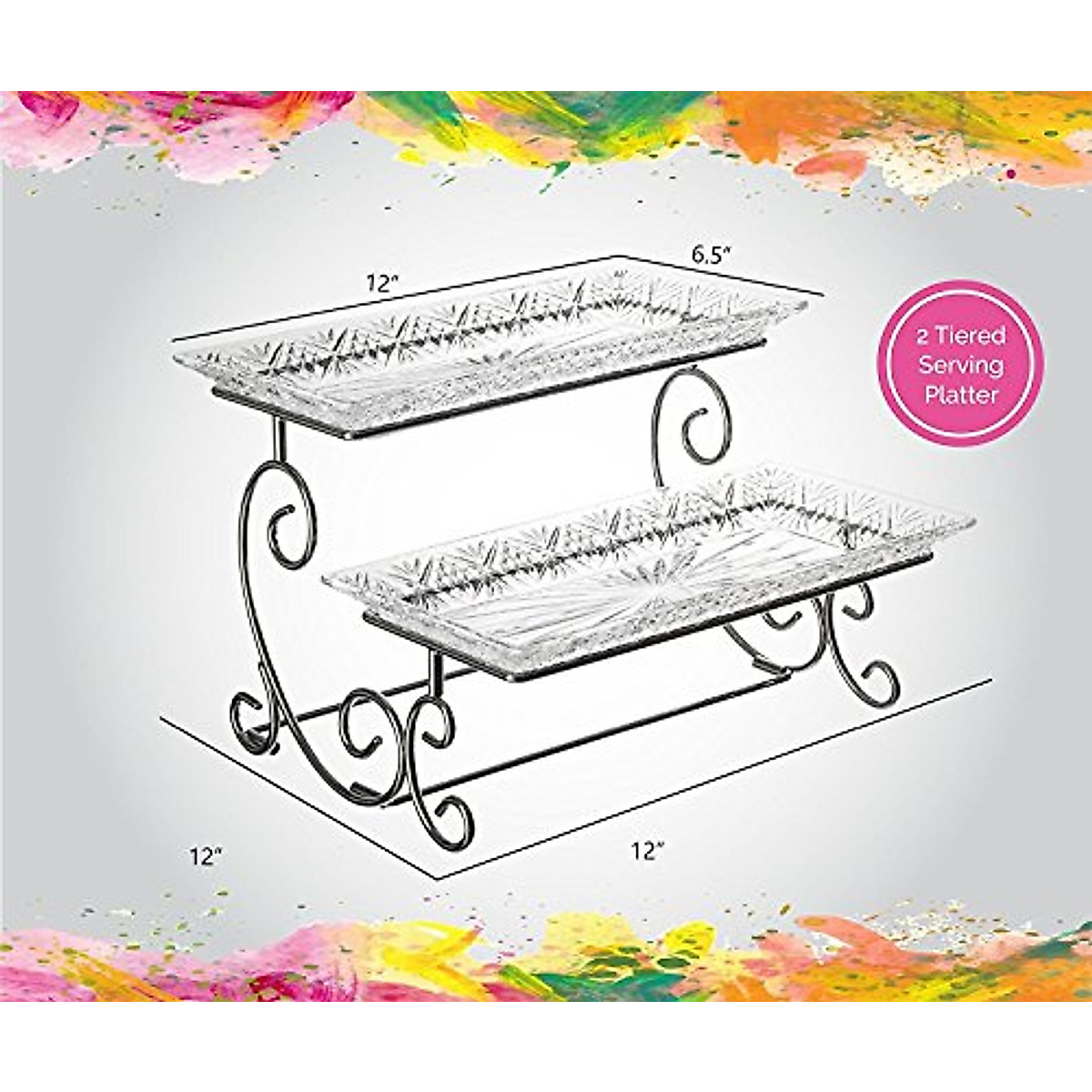 Godinger Silver Art Dublin 2 Tiered Glass Buffet Serving Tray - Chrome Plated Platter Stand with Starburst Design - Party and Event Dessert and Food Display Server