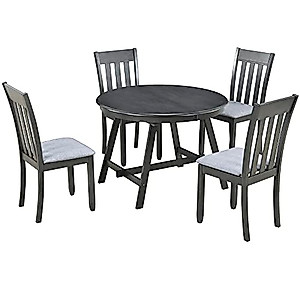 BIADNBZ 5-Piece Dining Table Set with Round Extendable Tabletop and 4 Padded Chairs, Modern Kitchen Furniture for DiningRoom, Space Saving Design, Gray