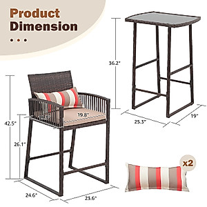 SUNSITT 3-Piece Outdoor Wicker Bar Height Table Set, 2 Bar Stools and 1 Pub Table with 2 Striped Pillows, Seat Cushions, Steel Frame