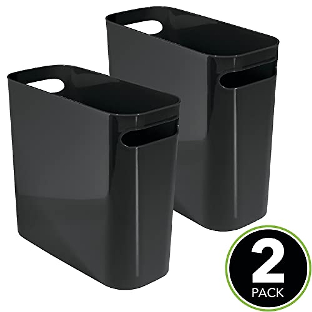 mDesign Plastic Small Trash Can, 1.5 Gallon/5.7-Liter Wastebasket, Narrow Garbage Bin with Handles for Bathroom, Laundry, Home Office - Holds Waste, Recycling, 10" High, Aura Collection, 2 Pack, Black
