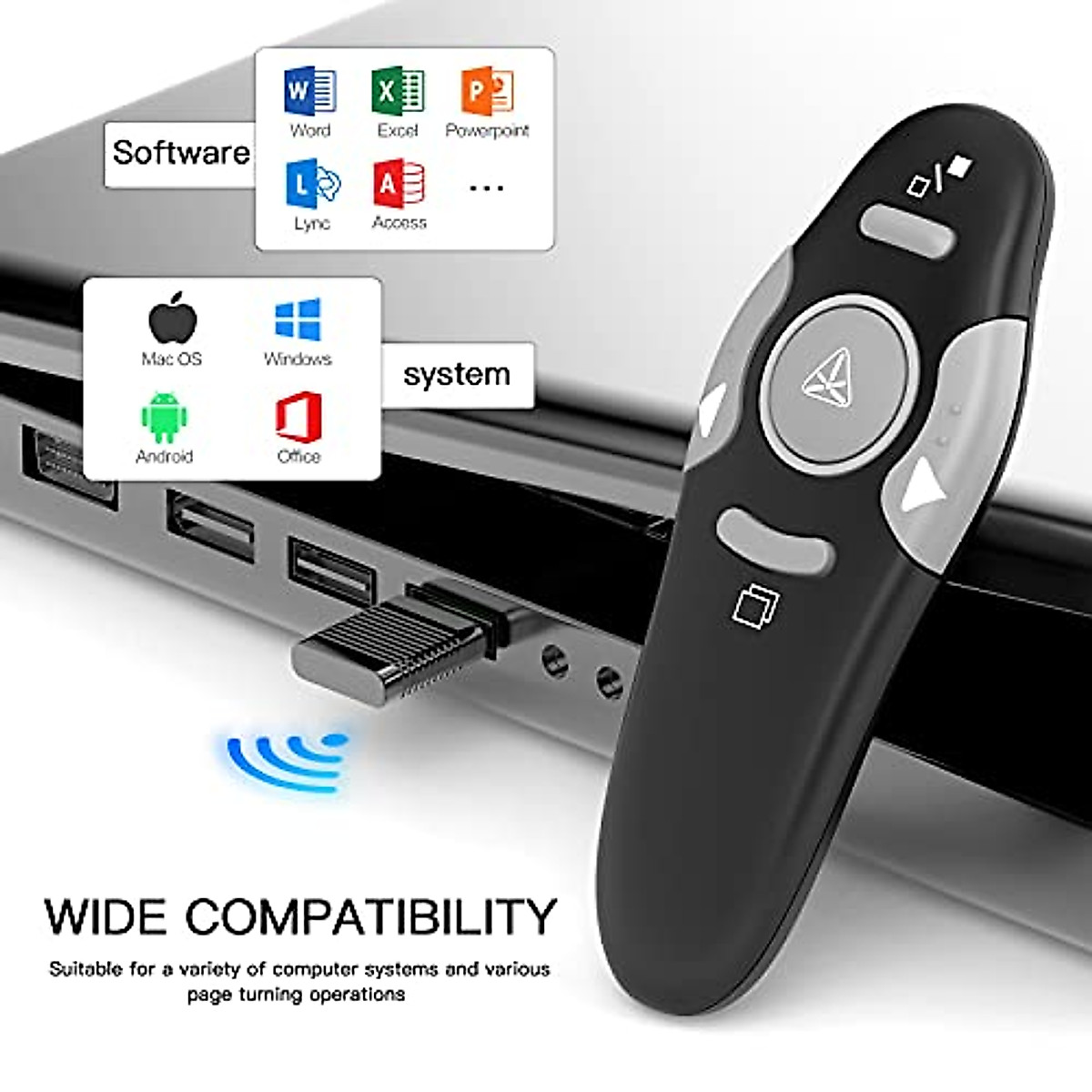 QUI Presentation Clicker Wireless Presenter Remote, RF 2.4GHz USB Powerpoint Clicker for Mac/Keynote/PPT/PC, Red Light Pointer for Presentations Remote for Office Classroom