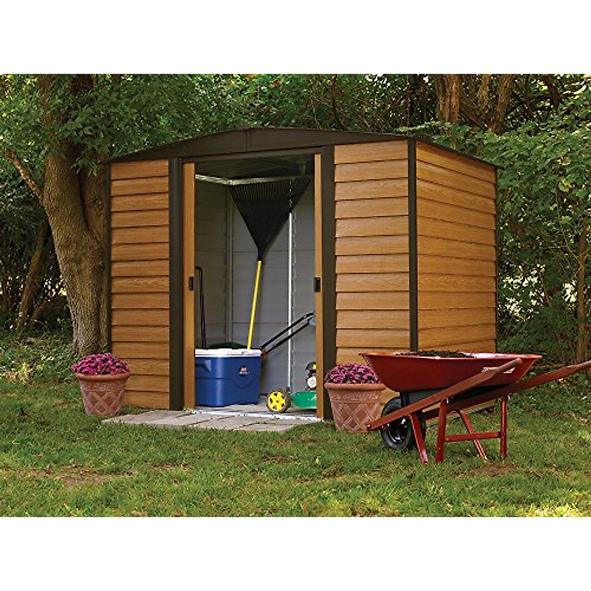 Arrow Shed WR86 Arrow Woodridge Low Gable Steel, Coffee/Woodgrain 8 x 6 ft. Storage Shed