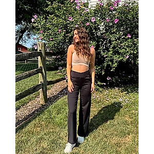 G4Free Petite Wide Leg Pants for Women Flare Dress Pants with Pockets Cross Waist Stretch Bootleg Sweatpants for Casual Work(Black,L,29")