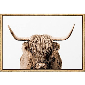 SIGNLEADER Framed Canvas Print Wall Art Brown Full-Frame Closeup of Highland Cow Animals Wilderness Photography Realism Portrait Relax/Calm Duotone for Living Room, Bedroom, Office - 24"x36" NATURAL