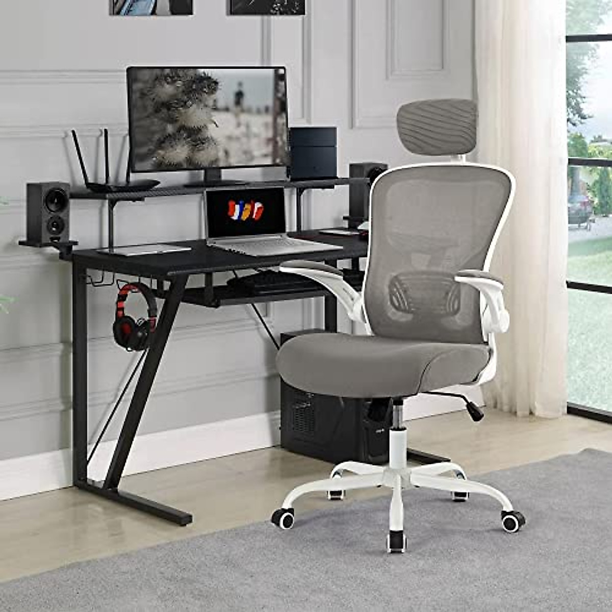 COLERLINE Home Office Chair Ergonomic Swivel Task Desk Chair Adjustable Headrest with Flip-Up Arms, Tilt Function, Lumbar Support & PU Wheels, Swivel Computer Task Chair for Men Women Adults 300lbs