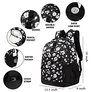 Choco Mocha Daisy Backpack for Teen Girls, Travel School Backpack for Girls Middle School Large Bookbag 18 Inch, Black