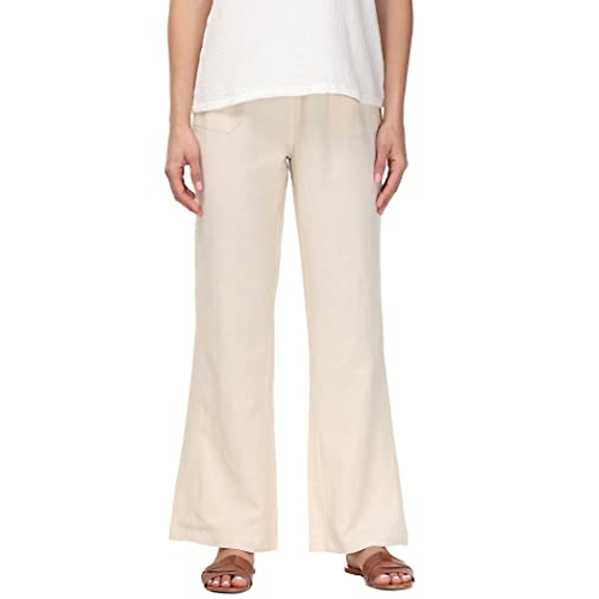 Soojun Women's Casual Linen Blend Elastic Waist Flared Pants, Khaki, XL/29 Inseam