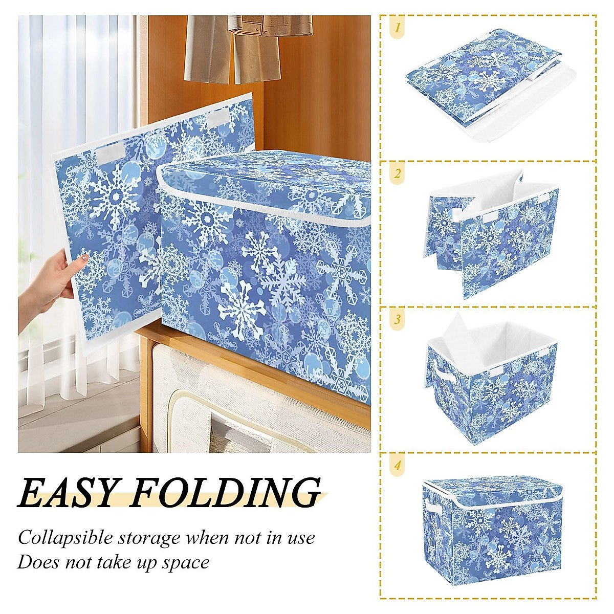 Krafig Snowflakes Decorative Storage Box with Lid Large Bins Baskets Foldable Cube Organizer Collapsible Containers for Organizing, Toy, Home, Shelf, Closet