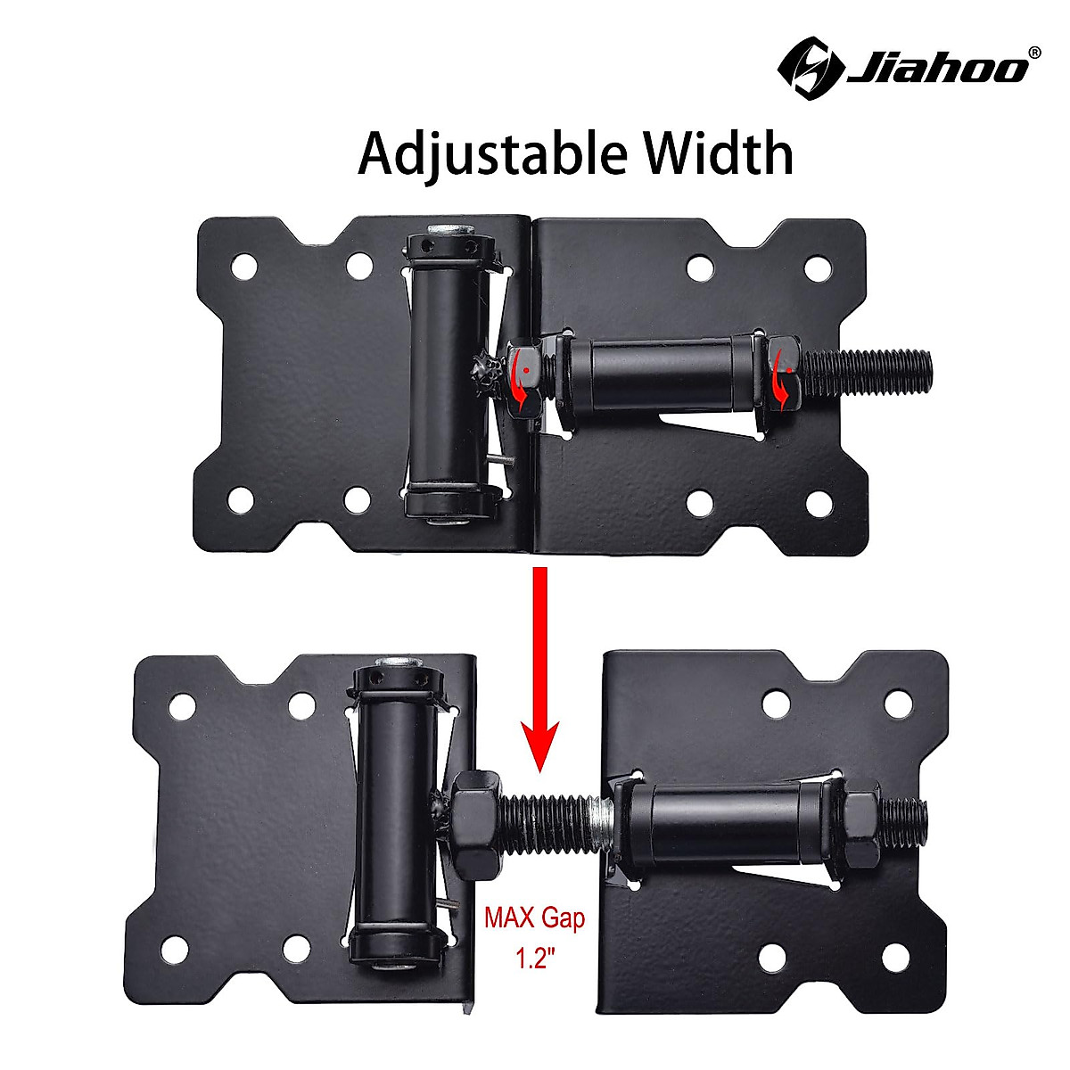 JIAHOO Self-Closing Gate Hinges Heavy Duty Door Hinges for Wooden/Vinyl/PVC Fences, 90 Degree Adjustable Gate Hinge Hardware Kit with Spring Adjuster Tool, Black(1 Pair-2 Hinges)