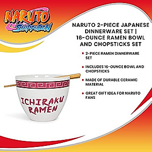 JUST FUNKY Naruto Ichiraku Ramen Japanese Ceramic Dish Set | 16-Ounce Ramen Bowl and Chopsticks Set
