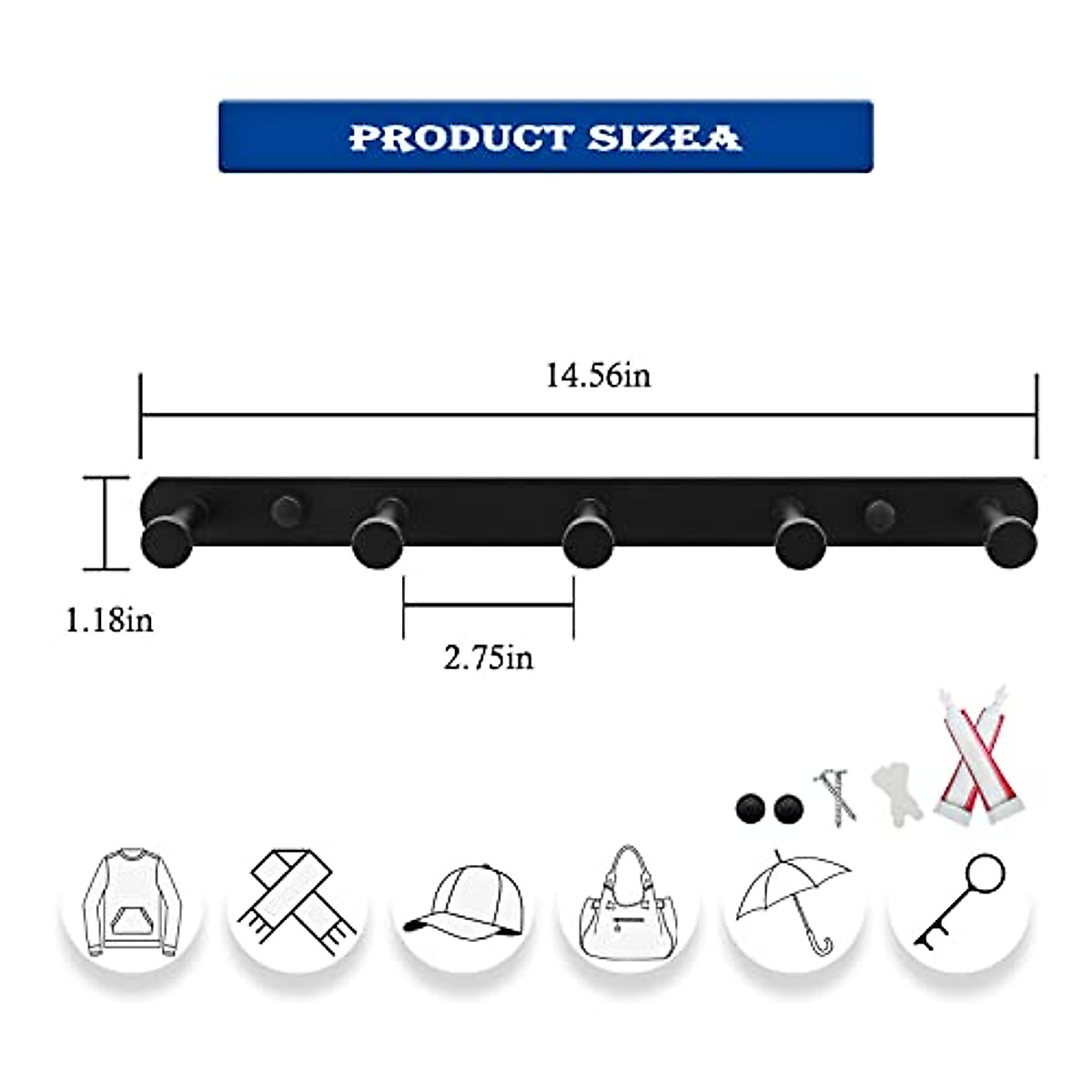 Potaosey 2 Pack Black Wall Coat Rack, Wall Mounted Coat Rack with 3 Hook,Modern Style Coat Rack Wall Mounted,Metal Coat Hooks Rail for Coat Hat Key Bathroom Bedroom Hotel Entryway (5 Hook-Black)