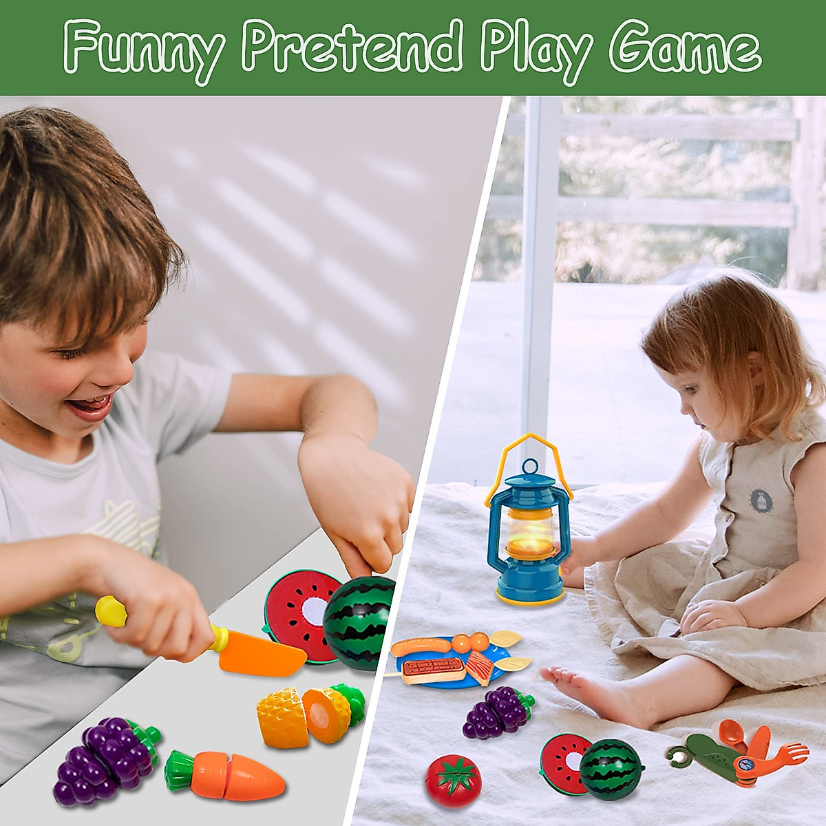 MITCIEN Kids Camping Set with Campfire, Play Tent , Binoculars, Oil Lantern, Toddlers Pretend Cutting Fruits, Marshmallow, Camping Toys Play Set for Boys Girls 3-5 Year Old and Up Indoor Outdoor Toys