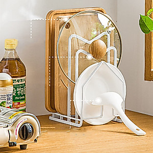 Kepuarm Cutting Board Rack Holder, Chopping Board Organizer, Pot Pan Lid Holder Rack for Pan Lids, Plates, Dishes, Cutting Boards, Kitchen Countertop Cookie Sheet Storage (White)