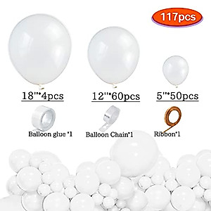 117Pcs White Balloons Different Sizes, 5 12 18 Inch White Balloon Garland Kit Thickened Latex, White Balloon Arch Kit for Kid's Birthday Wedding Party Supplies.