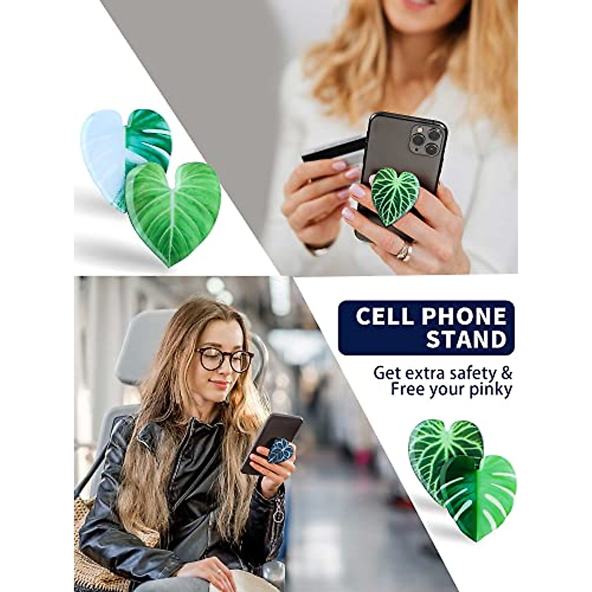 8 Pcs Leaves Phone Holder Green Plant Cell Phone Grip Holder Monstera Philodendron Anthurium Phone Sockets Cute Phone Finger Collapsible Expanding Kickstand Holder for Smartphone and Tablets
