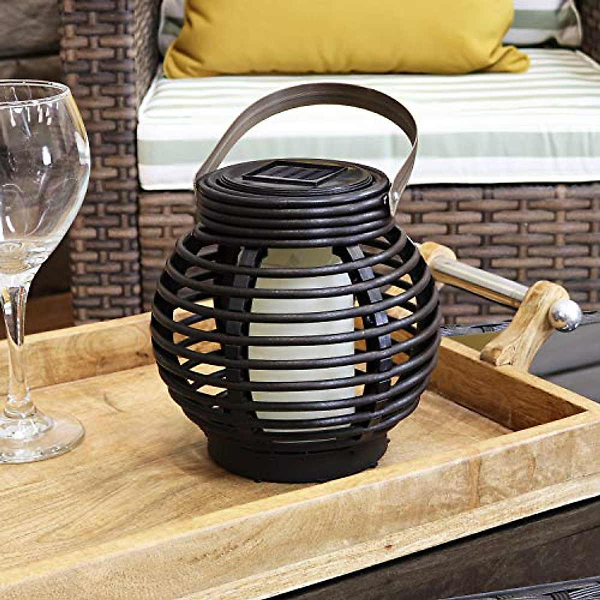 Sunnydaze Lerena Black Outdoor LED Hanging Solar-Powered Lantern with Candle - Plastic - 6-Inches Tall - Light Up Your Yard, Deck, Patio, Porch, or Garden