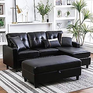 HONBAY Convertible Sectional Sofa with Ottoman Modern L Shape Couch Faux Leather Sectional Couch with Reversible Chaise, Black